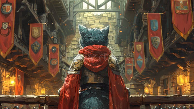 Cat Warrior in Medieval Hall - Generative Ai Stock Illustration - Illustration of feline, royal ...