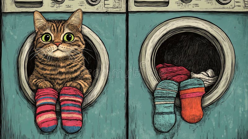 Cat in Washing Machine with Socks. Funny Pet Illustration Stock ...