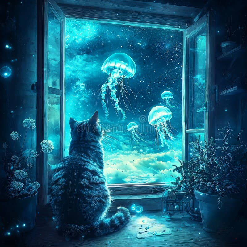 A Cat Watches Mesmerized As Jellyfish Dance in an Alternate World Stock ...