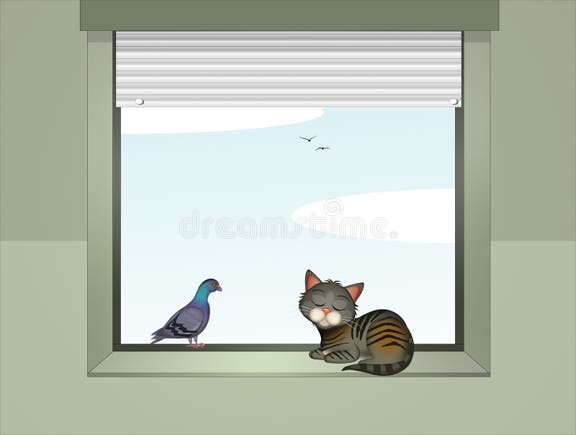 Cat Watching Birds at the Window Stock Illustration - Illustration of ...