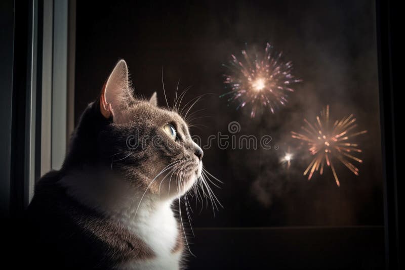 Cat Watching Fireworks through Window. Generative AI Stock Illustration ...