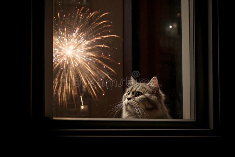 Cat Watching Fireworks through Window. Generative AI Stock Illustration ...