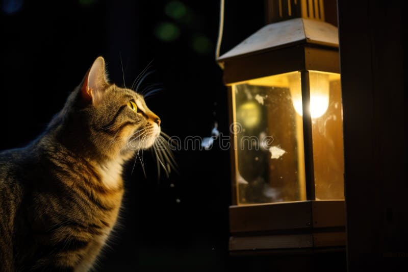 Cat Watching Insects Flying Around a Lantern Stock Photo - Image of ...