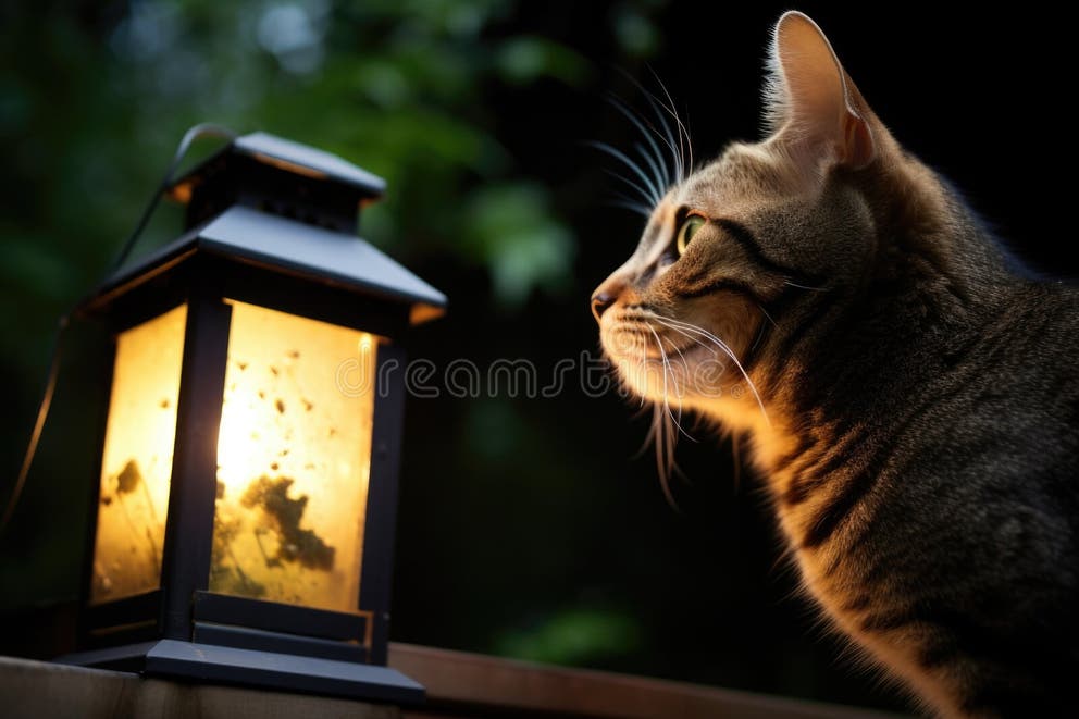 Cat Watching Insects Flying Around a Lantern Stock Photo - Image of ...