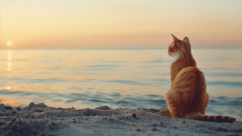 A Cat Watching Sunset on the Beach Stock Image - Image of feline, seagulls: 316148029