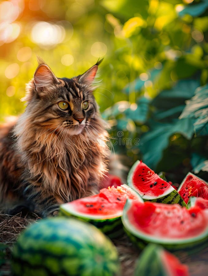 Cat with Watermelon on the Ground Stock Photo - Image of floor, medium ...