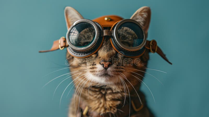 Cat Wearing Aviator Goggles on a Blue Background. Stock Image - Image ...