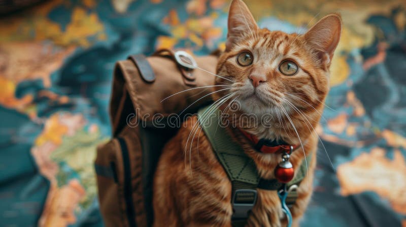 A Cat Wearing a Backpack with an Orange Collar and Looking Up, AI Stock ...