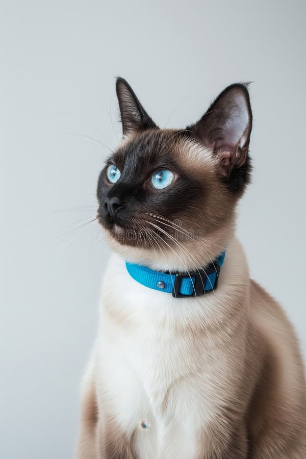 A Cat Wearing a Blue Collar is Sitting on a White Surface Stock Photo ...
