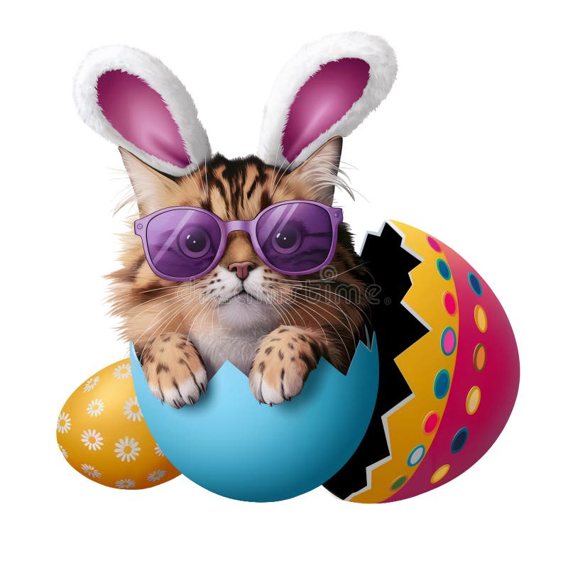 A Cat Wearing Bunny Ears and Purple Sunglasses Emerges from a Bright ...