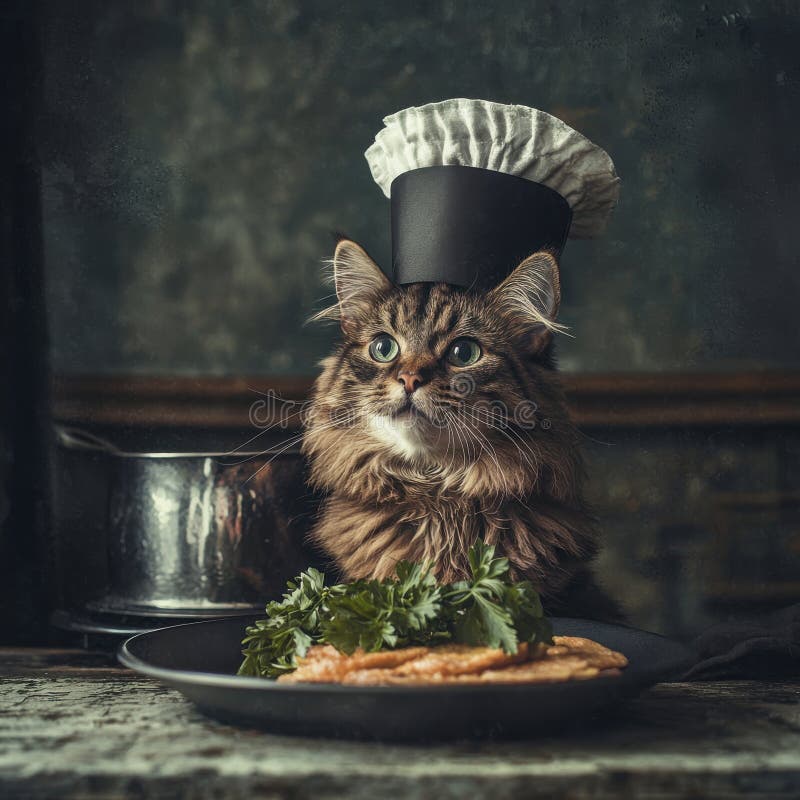 Cat Wearing a Chef Hat Enjoying a Slice of Pizza on a Table with a ...