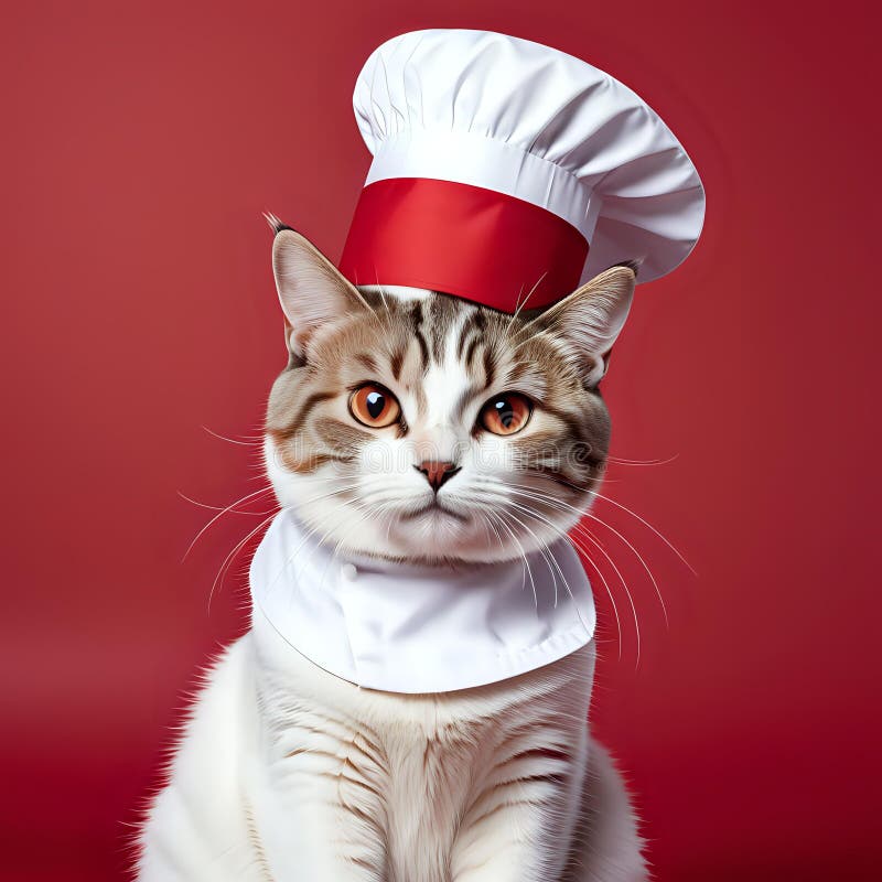 Cat Wearing a Chef Hat Placed Against a Red Background. Cute Animal ...