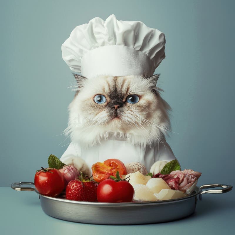 Cat Wearing Chef Hat with Plate of Fresh Fruit on a Table in a Bright ...