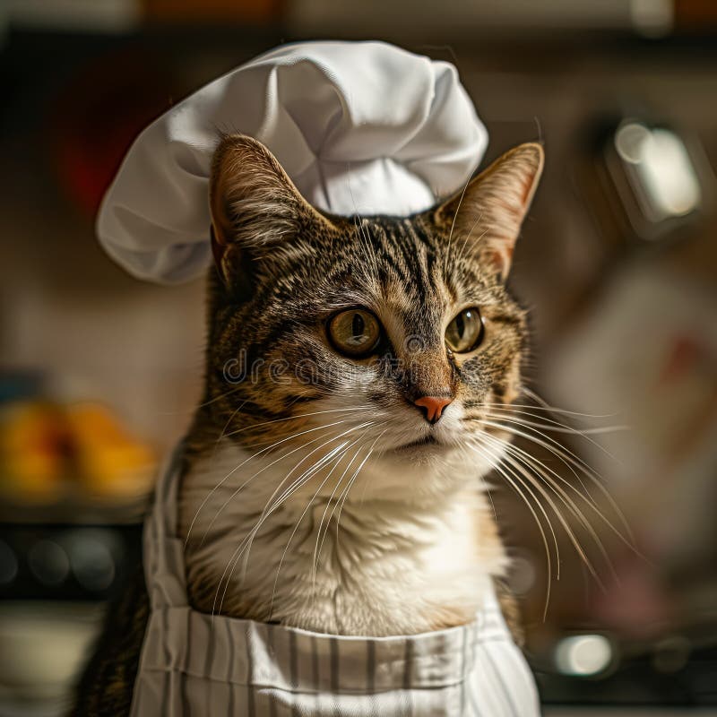 Cat Wearing a Chef S Hat and Apron. Stock Image - Image of tabby, cute ...