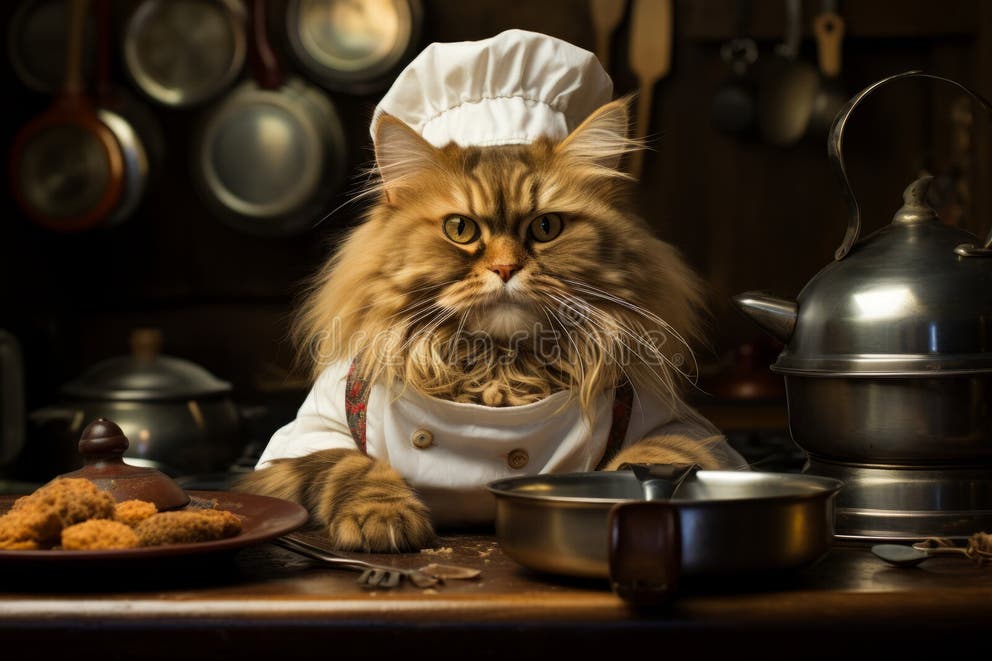 Cat Wearing Chef S Hat and Apron Sitting at Table. Generative AI Stock ...