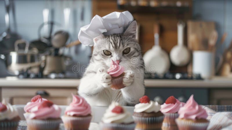 A Cat Wearing a Chef S Hat Enjoys a Cupcake Stock Photo - Image of ...