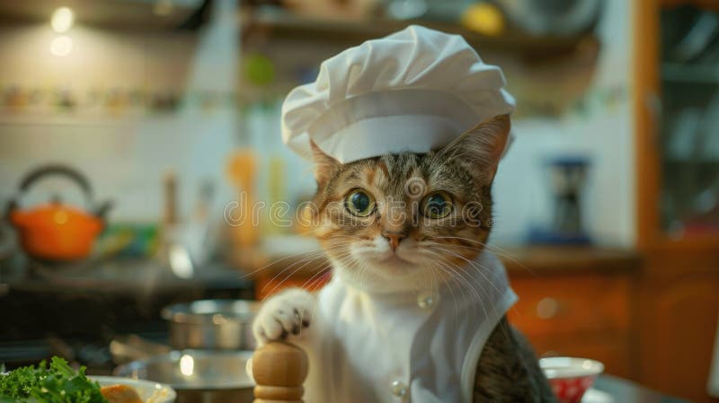 A Cat Wearing a Chef S Hat and Holding a Pepper Shaker Stock ...