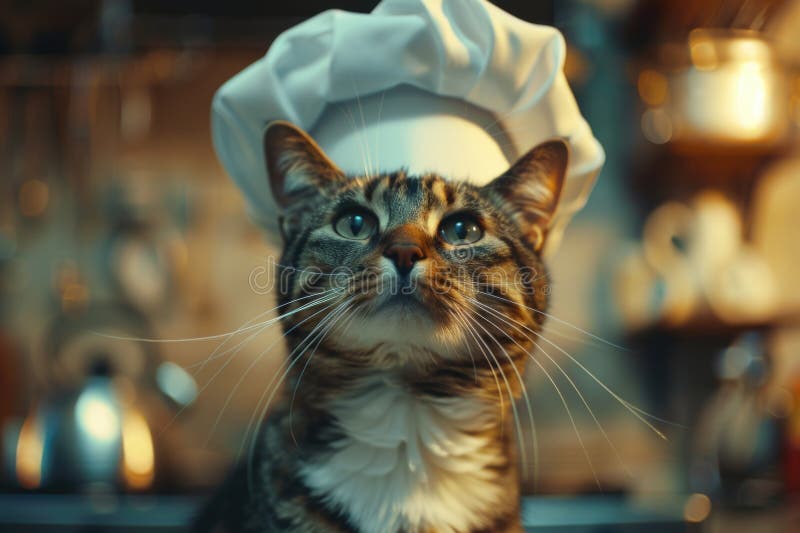 A Cat Wearing a Chef S Hat in a Kitchen Setting Stock Image - Image of ...