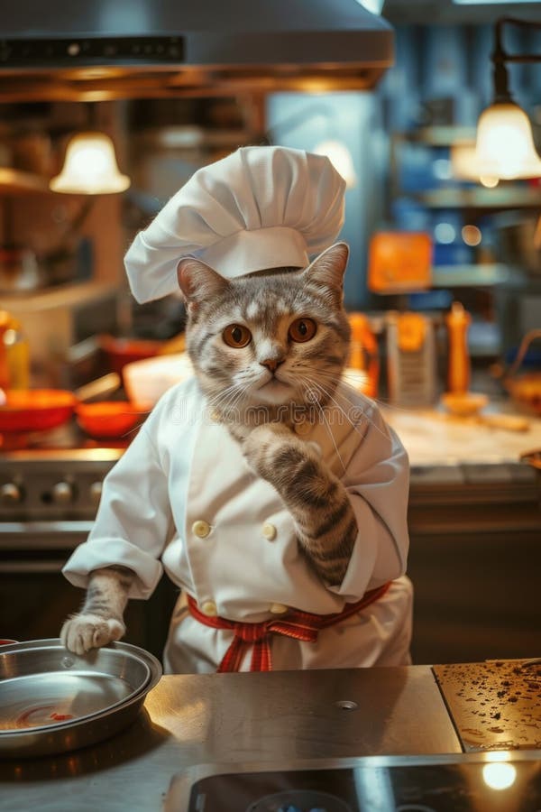 A Cat Wearing a Chef S Hat Sits in a Kitchen, Surrounded by Cooking ...