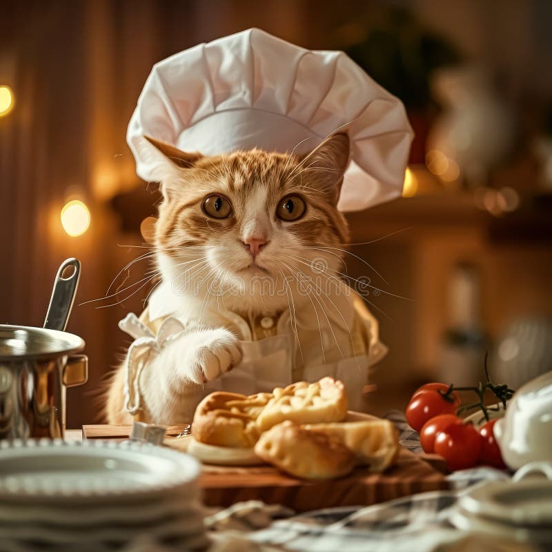 Cat Wearing a Chef S Hat is Standing in Front of a Table with Food on ...