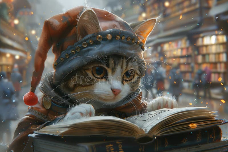 Cute Tabby Cat Wearing a Medieval Hat Reading an Ancient Book in a ...