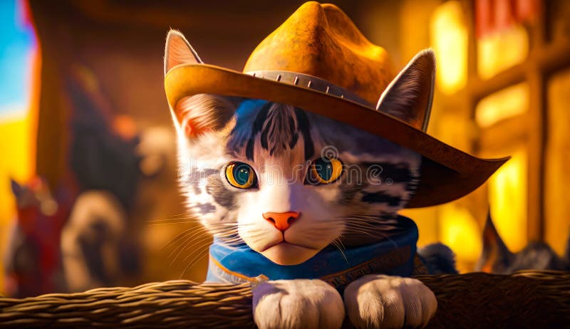 Cat Wearing Cowboy Hat and Scarf. Generative AI Stock Illustration ...