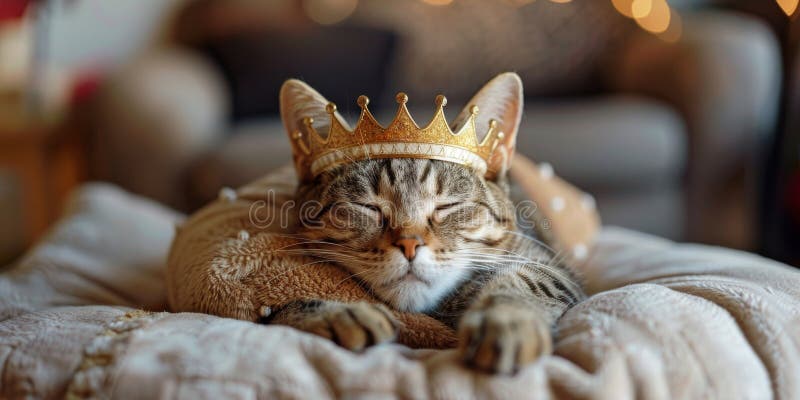 Regal Cat with Crown on Couch Stock Image - Image of sovereign, decor ...