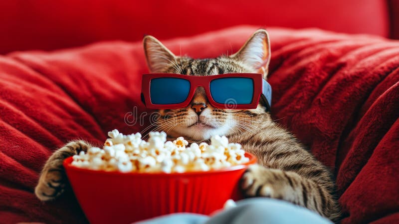 Cat Wearing 3D Glasses with Popcorn on a Red Plush Blanket Stock Image ...