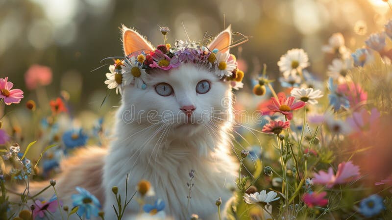 A Cat Wearing a Flower Crown is Surrounded by Flowers Field Stock Image ...