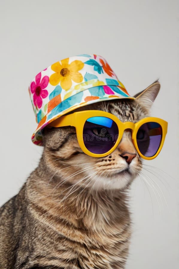 A Cat Wearing a Flowery Hat and Sunglasses Stock Illustration ...