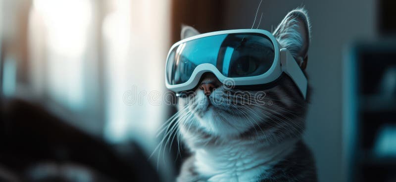 Cat Wearing Futuristic Virtual Reality Goggles in a Cozy Indoor Setting ...