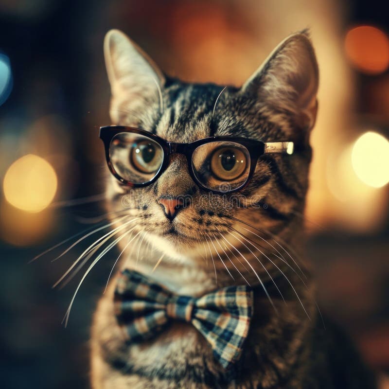 A Cat Wearing Glasses and a Bow Tie Sitting Down, AI Stock Illustration ...