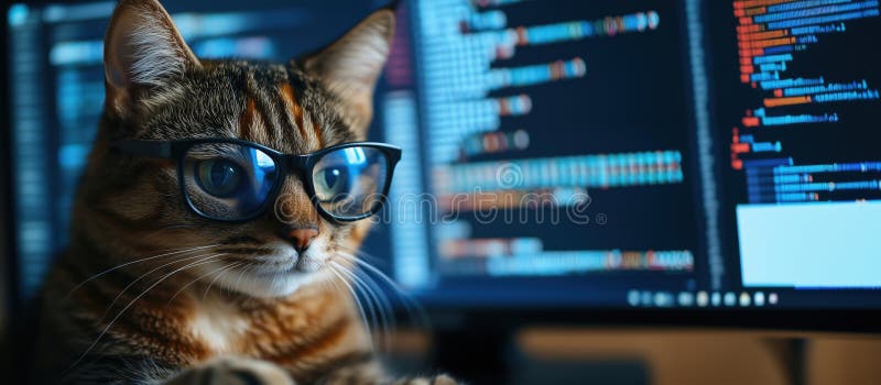 Cat Wearing Glasses, Focused on Computer Screens with Code Stock Image ...