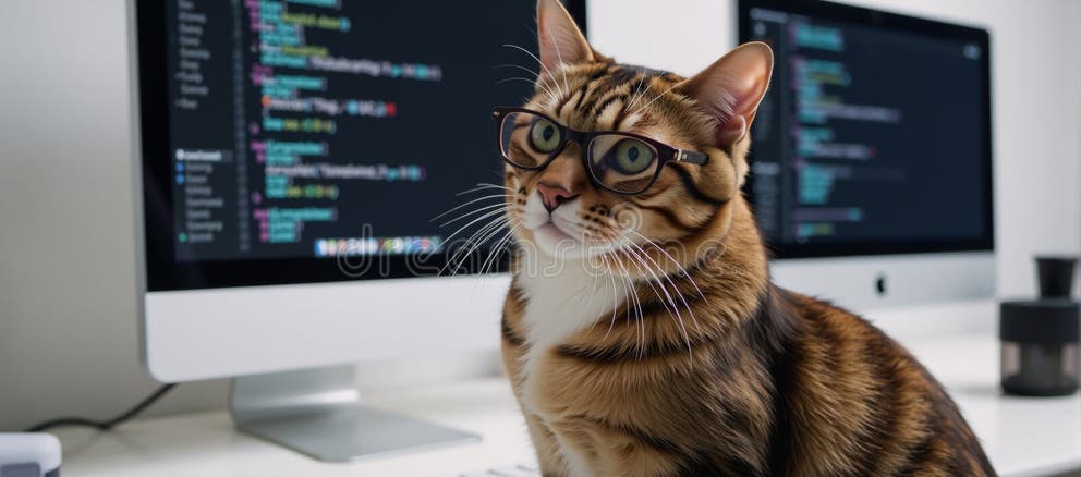 Cat Wearing Glasses Perched before Computer Screen Coding Stock ...