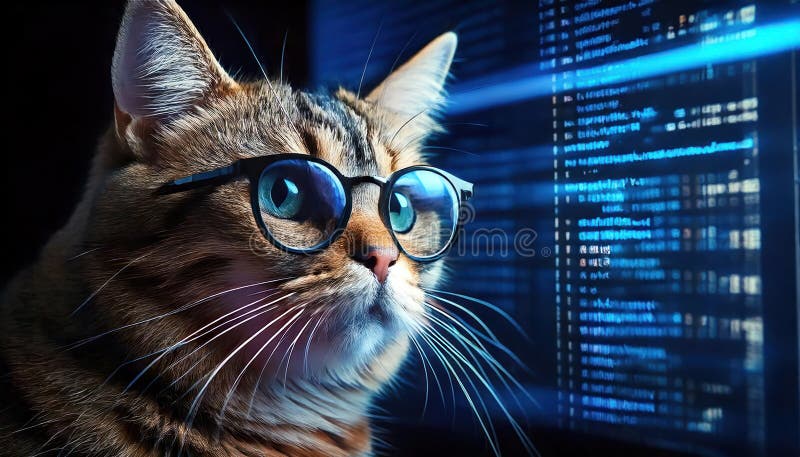 Cat Wearing Glasses Sitting in Front of a Screen with Code Stock ...