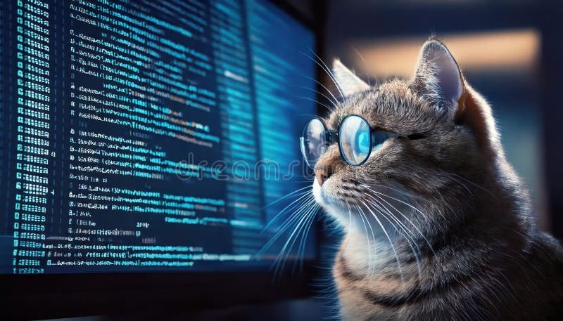 Cat Wearing Glasses Sitting in Front of a Screen with Code Stock ...