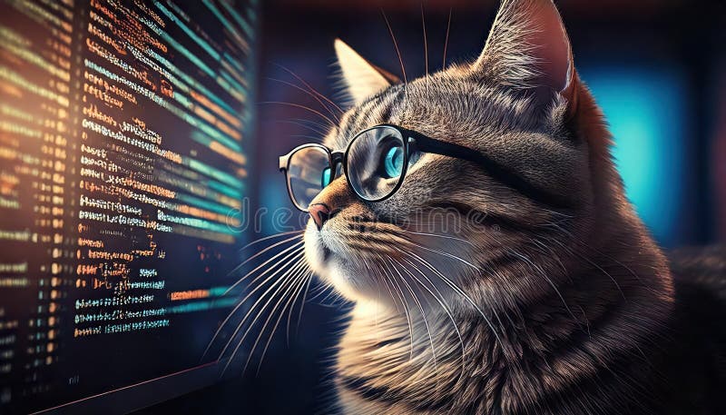 Cat Wearing Glasses Sitting in Front of a Screen with Code Stock ...