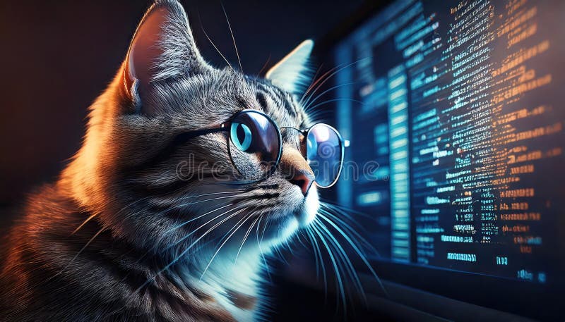 Cat Wearing Glasses Sitting in Front of a Screen with Code Stock ...