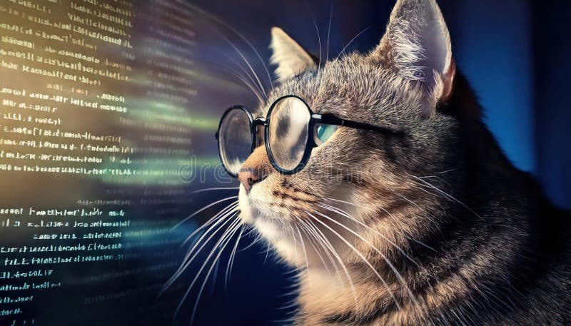 Cat Wearing Glasses Sitting in Front of a Screen with Code Stock ...