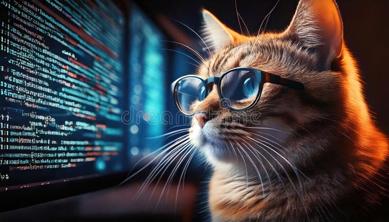 Cat Wearing Glasses Sitting in Front of a Screen with Code Stock ...