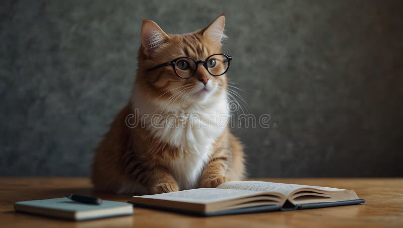 Cat Wearing Glasses Studies Open Book with Notebook and Pen Stock ...