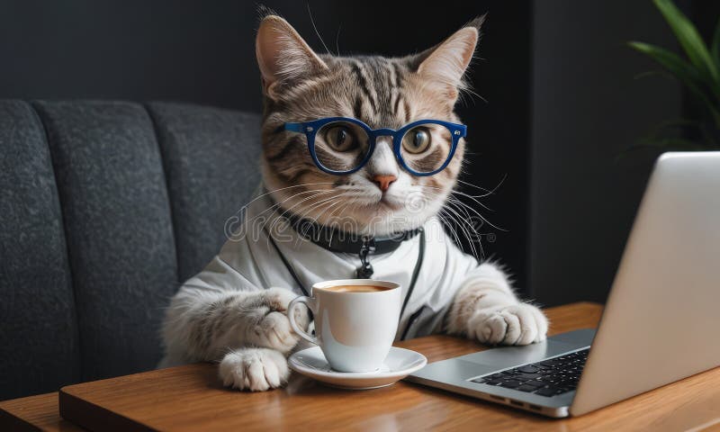 Cat Wearing Glasses and Tie Sitting at Table with Laptop Stock ...