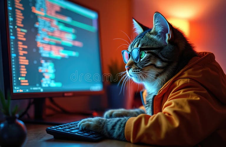 Cat Wearing Glasses Working on Computer Keyboard in Colorful Workspace ...