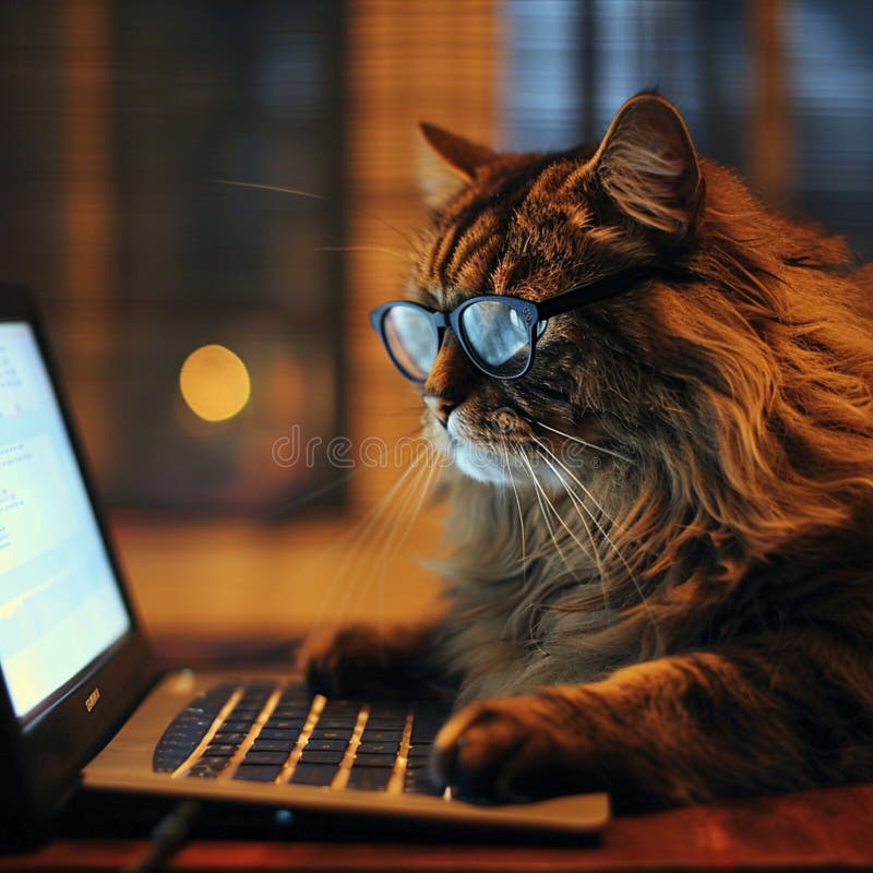 Cat Wearing Glasses Works on Laptop, AI-generated. Stock Photo - Image ...