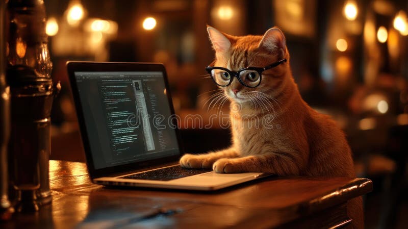 A Cat Wearing Glasses Works on a Laptop in a Cozy, Dimly Lit Caf ...