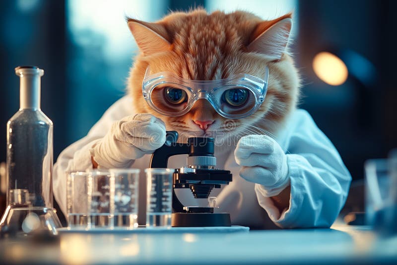 A Cat Wearing Goggles and Gloves Looking through a Microscope Stock ...
