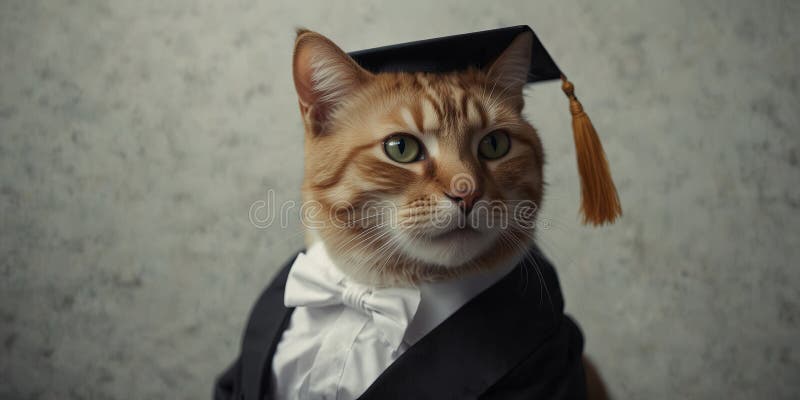 Cat Wearing Graduation Cap with Black Bow Tie and White Shirt. Stock ...