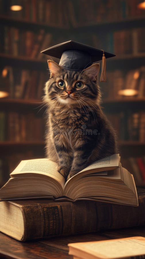 Cat Wearing Graduation Cap Sitting on an Open Book in a Library ...