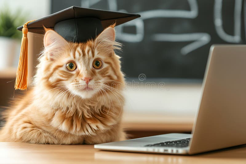 Cat Wearing Graduation Cap Using Laptop in Classroom Setting Stock ...