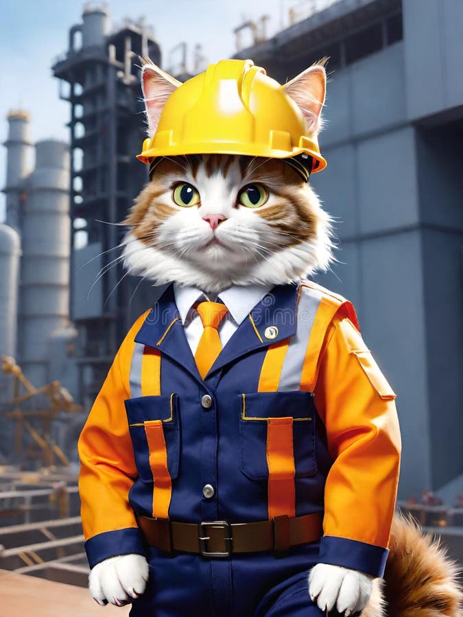 A Cat Wearing a Hard Hat and a Construction Outfit Stock Illustration ...